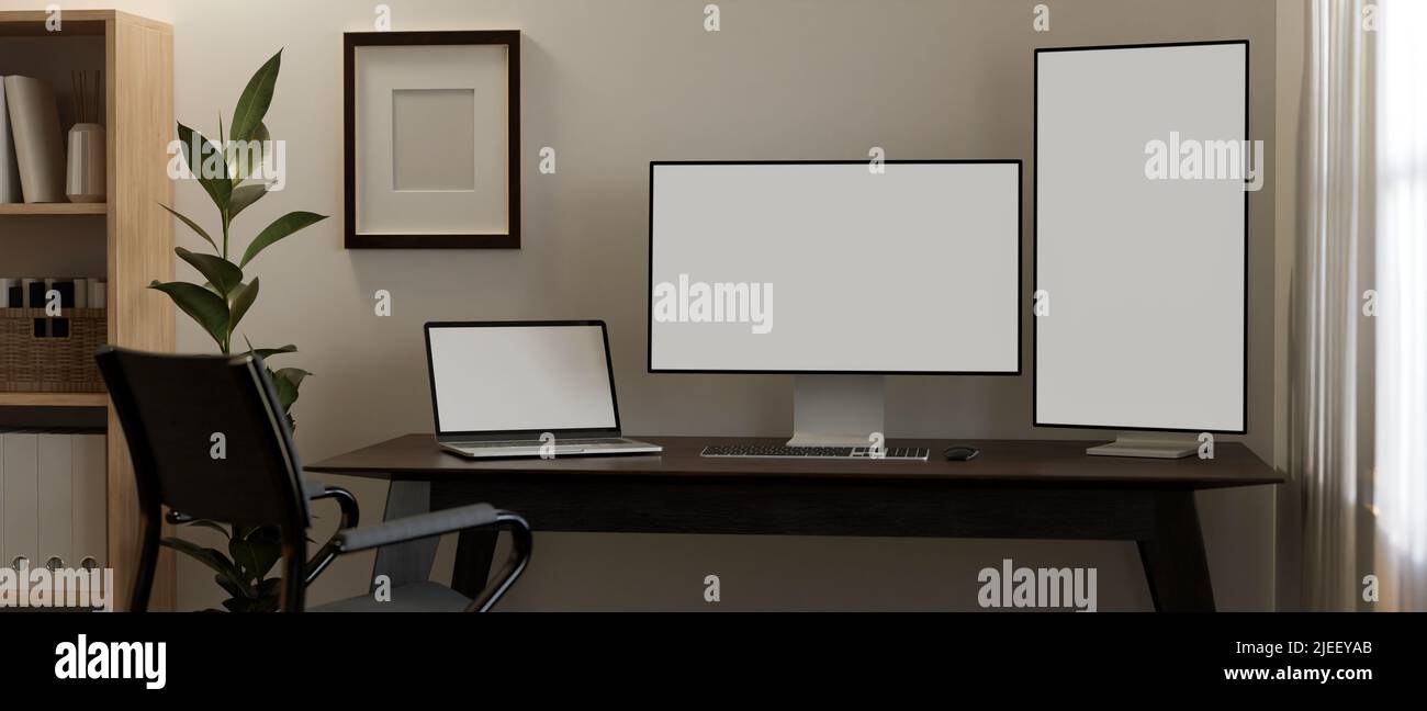 Professional modern programmer or tech engineer office desk interior ...