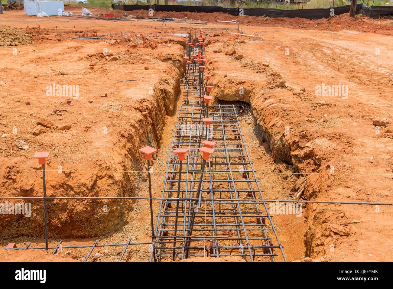 The installation of steel in a trench for a house foundation Stock ...