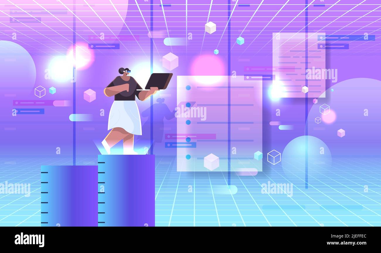 businesswoman in digital glasses working on laptop exploring vr vision ...