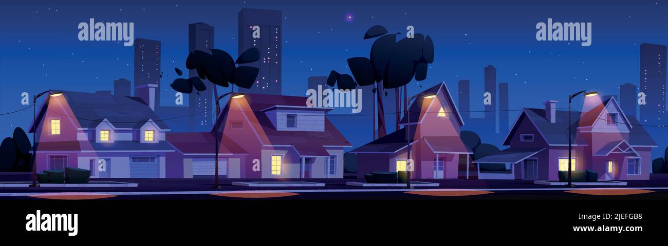 Street in suburb district with residential houses and city on skyline ...