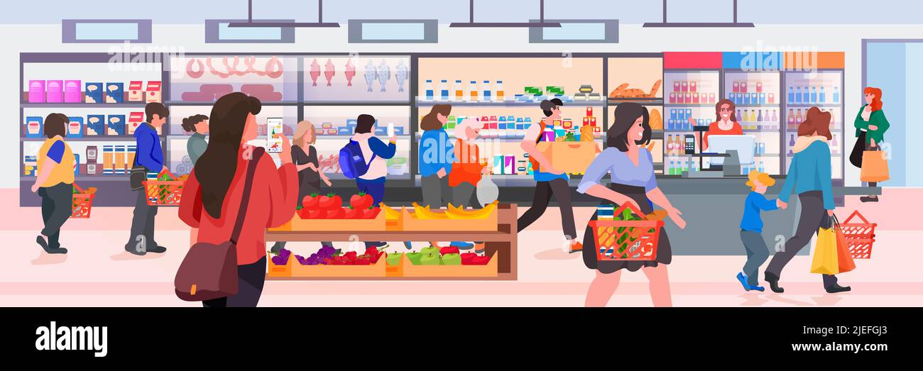 people customers visiting supermarket for buying grocery men women with ...