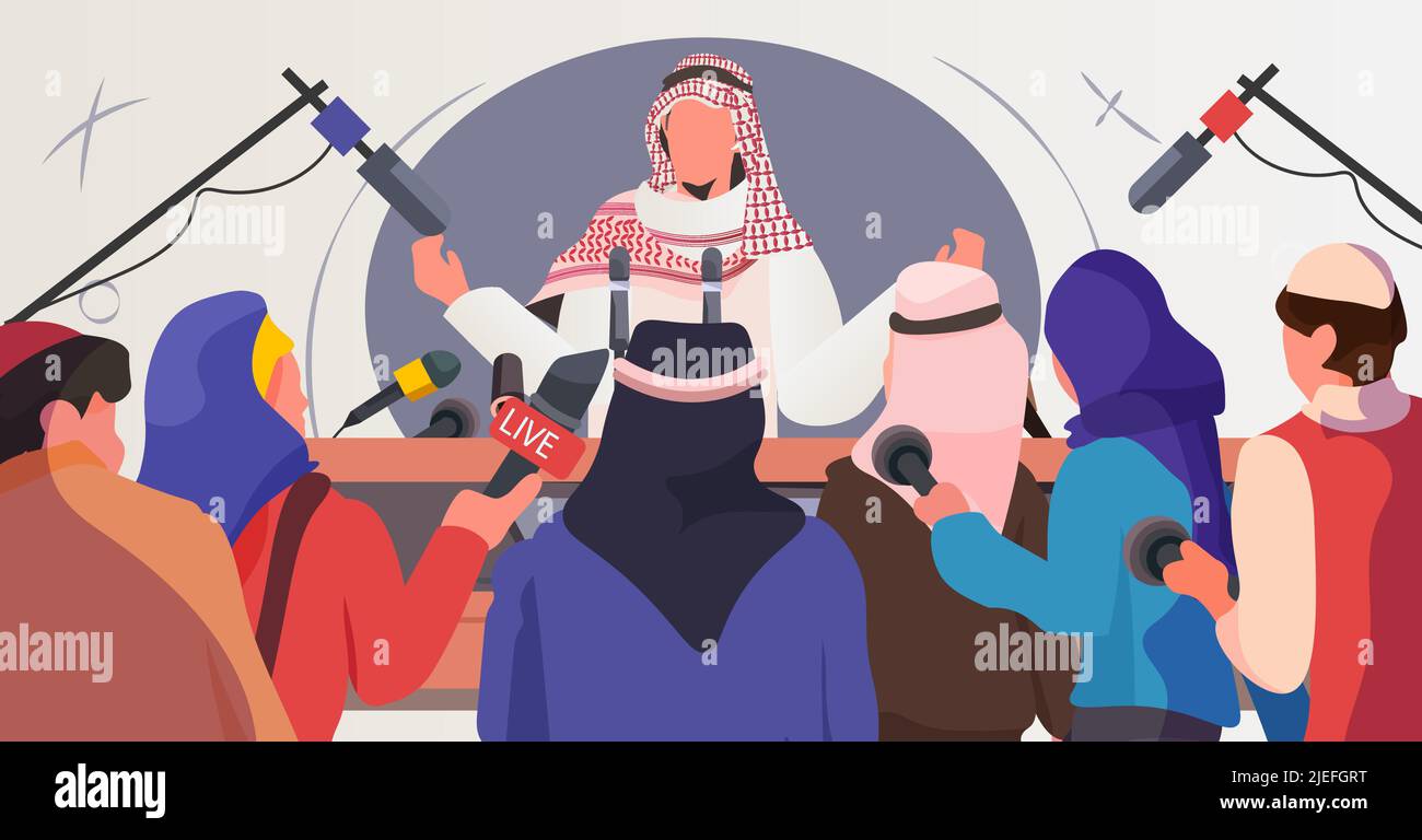 arab businessman or politician giving speech interview to journalists ...