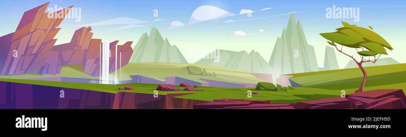 Prehistoric landscape, cartoon panoramic background with green tree ...