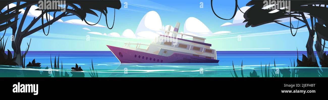 Sunken cruise ship in ocean harbor near tropical island with lianas and ...