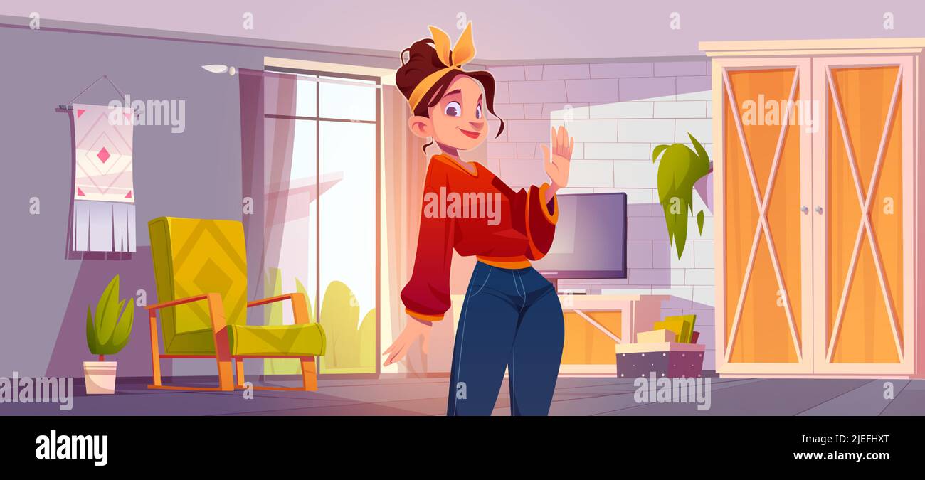 Woman in living room with couch, tv set and wardrobe. Vector cartoon ...