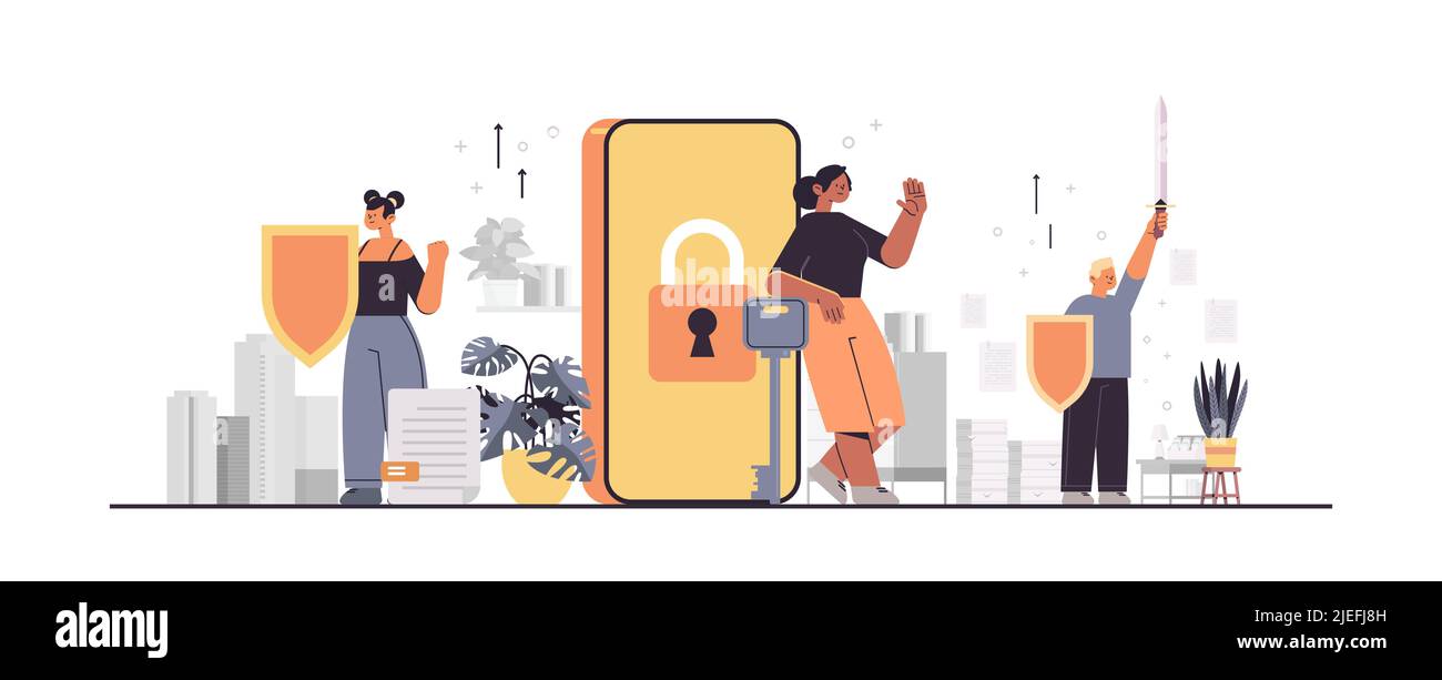 people standing near locked smartphone with padlock mobile account ...