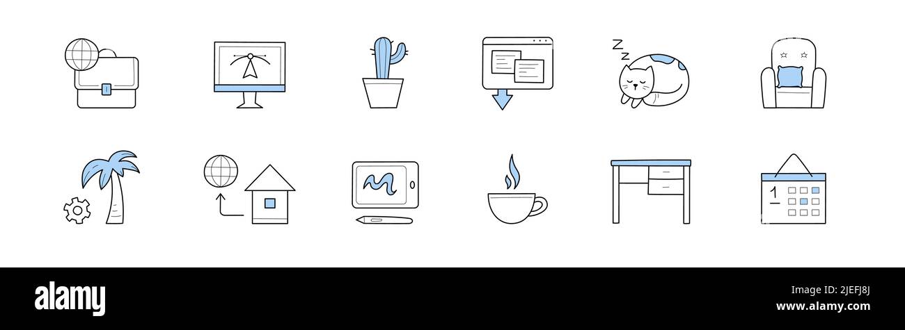 Home office, freelance doodle icons set. Cogwheel and palm tree, house ...