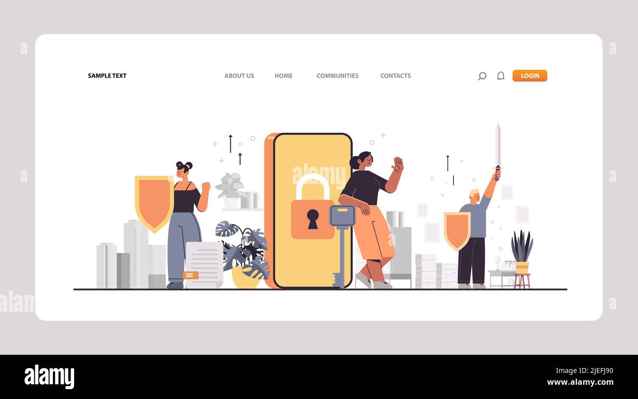 people standing near locked smartphone with padlock mobile account ...