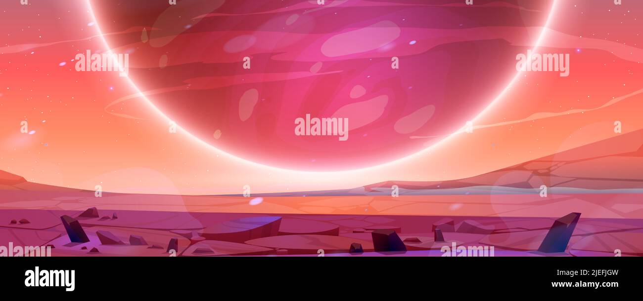 Mars landscape, alien planet sunset background, red desert cracked ...