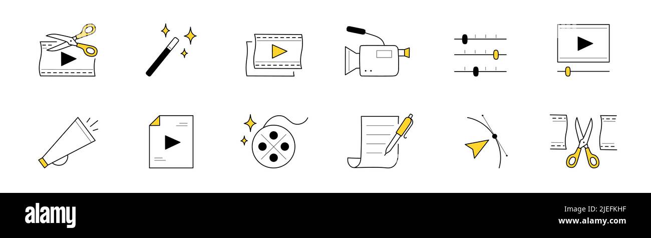 Video edition doodle icons vector set. Film, scissors, magic wand and ...