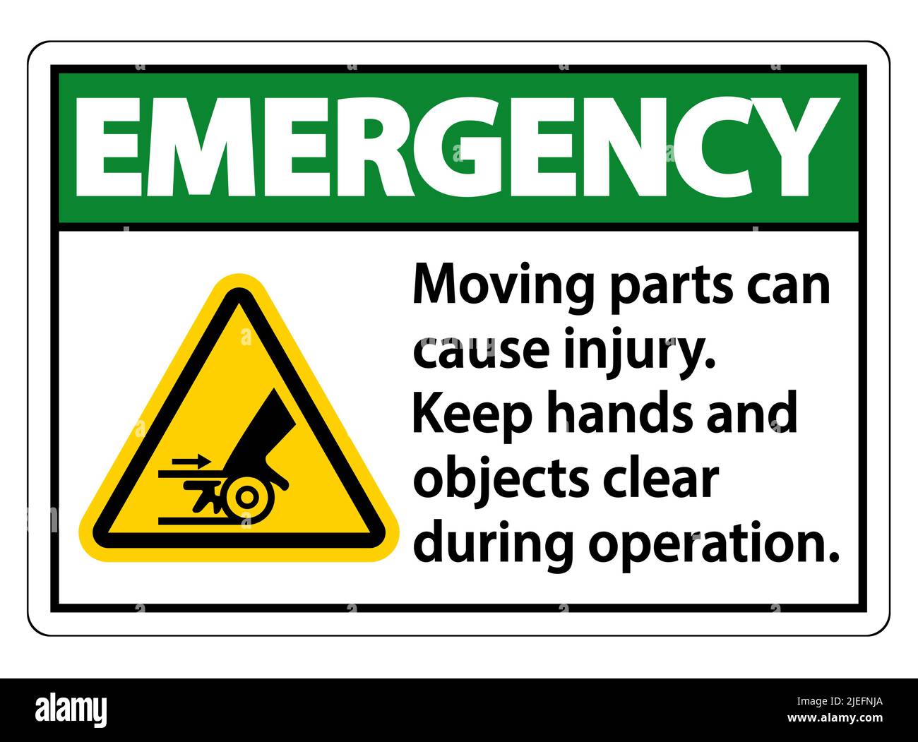 Emergency Moving parts can cause injury sign on white background Stock ...