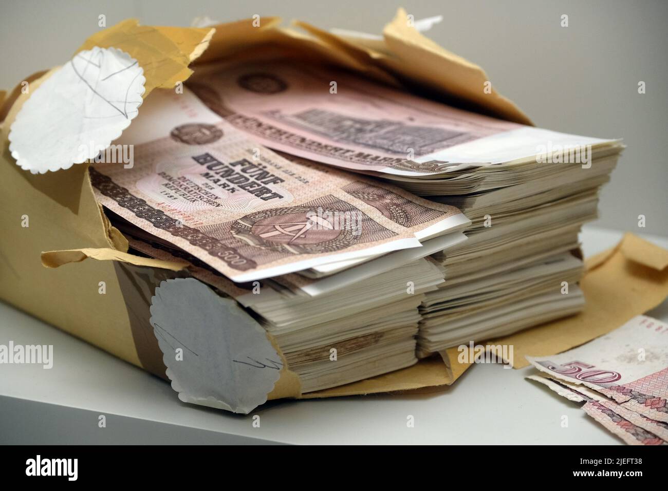 Leipzig, Germany. 24th June, 2022. GDR banknotes in a display case at ...