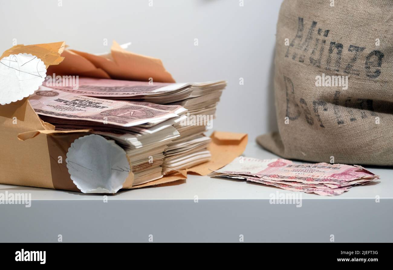 Leipzig, Germany. 24th June, 2022. GDR banknotes in a display case at ...