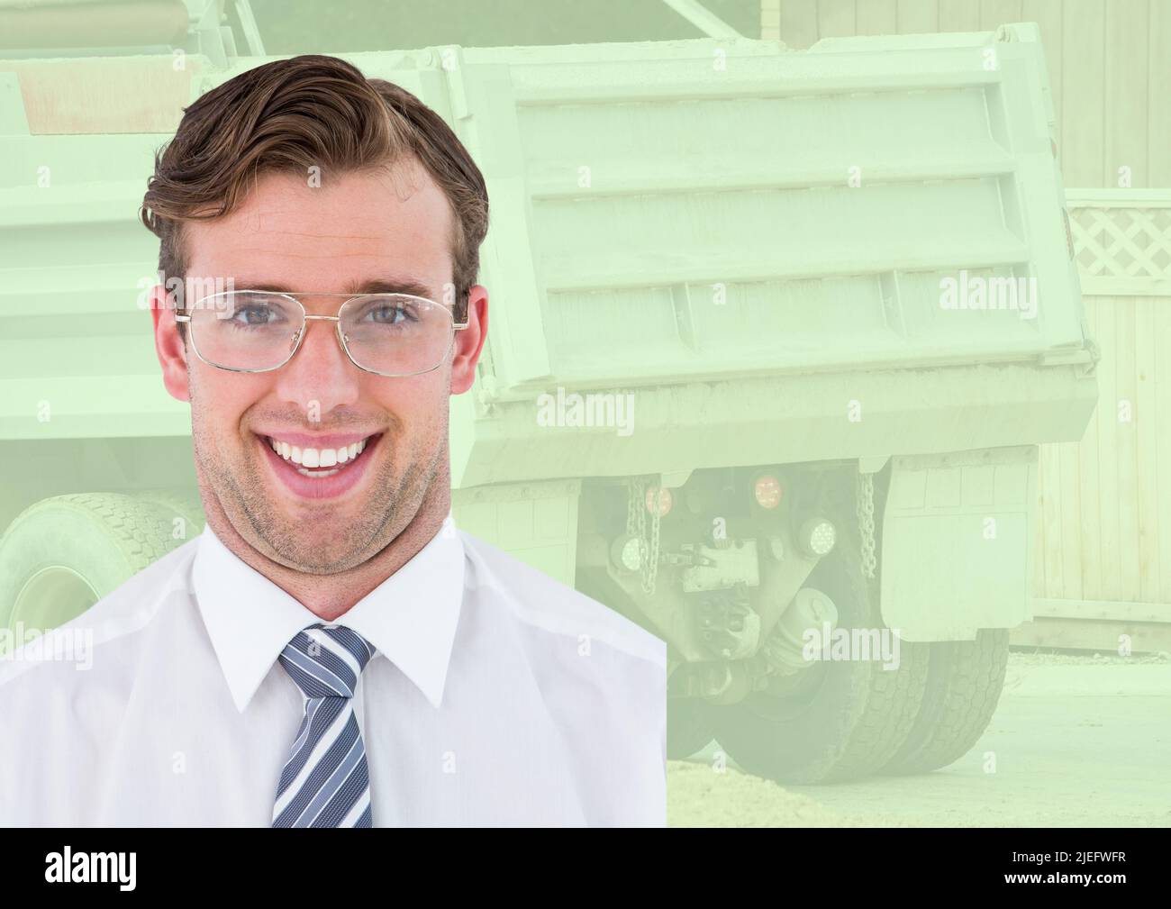 Composite image of caucasian businessman smiling against blurred ...