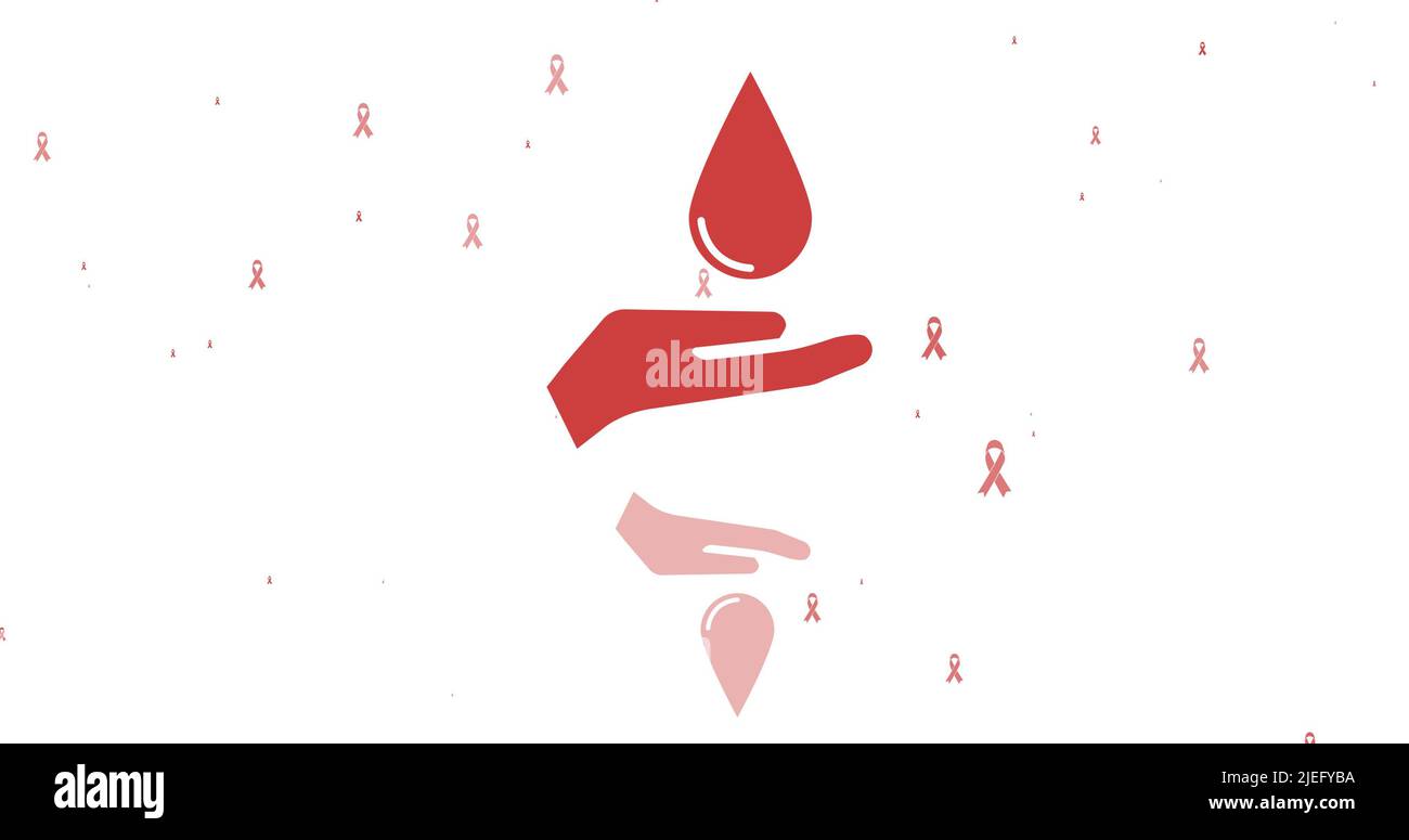 Illustration of red drop with hand and awareness ribbons on white ...