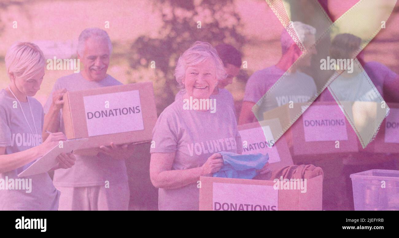 Multiple image of caucasian seniors holding donation boxes and ...