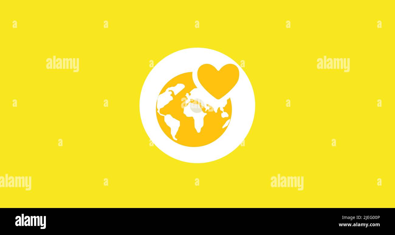 Illustration of yellow earth with heart shape in white circle against ...