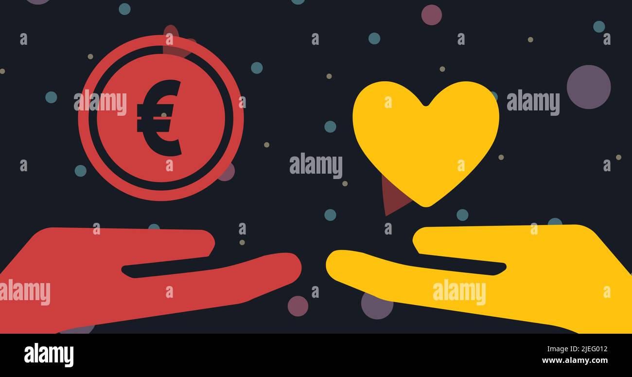 Illustration of hands with euro coin and heart shape with dots against ...