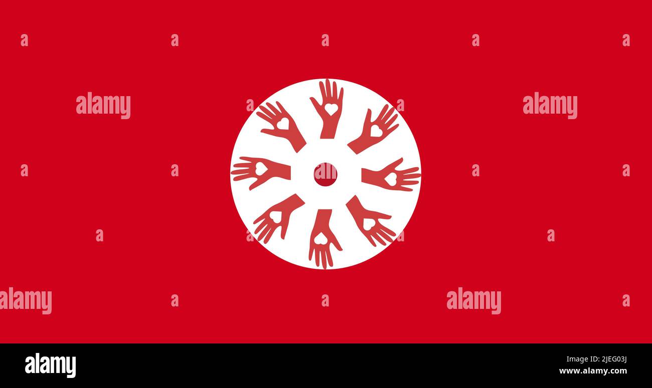 Illustration of red hands with heart shapes in palms forming circle ...