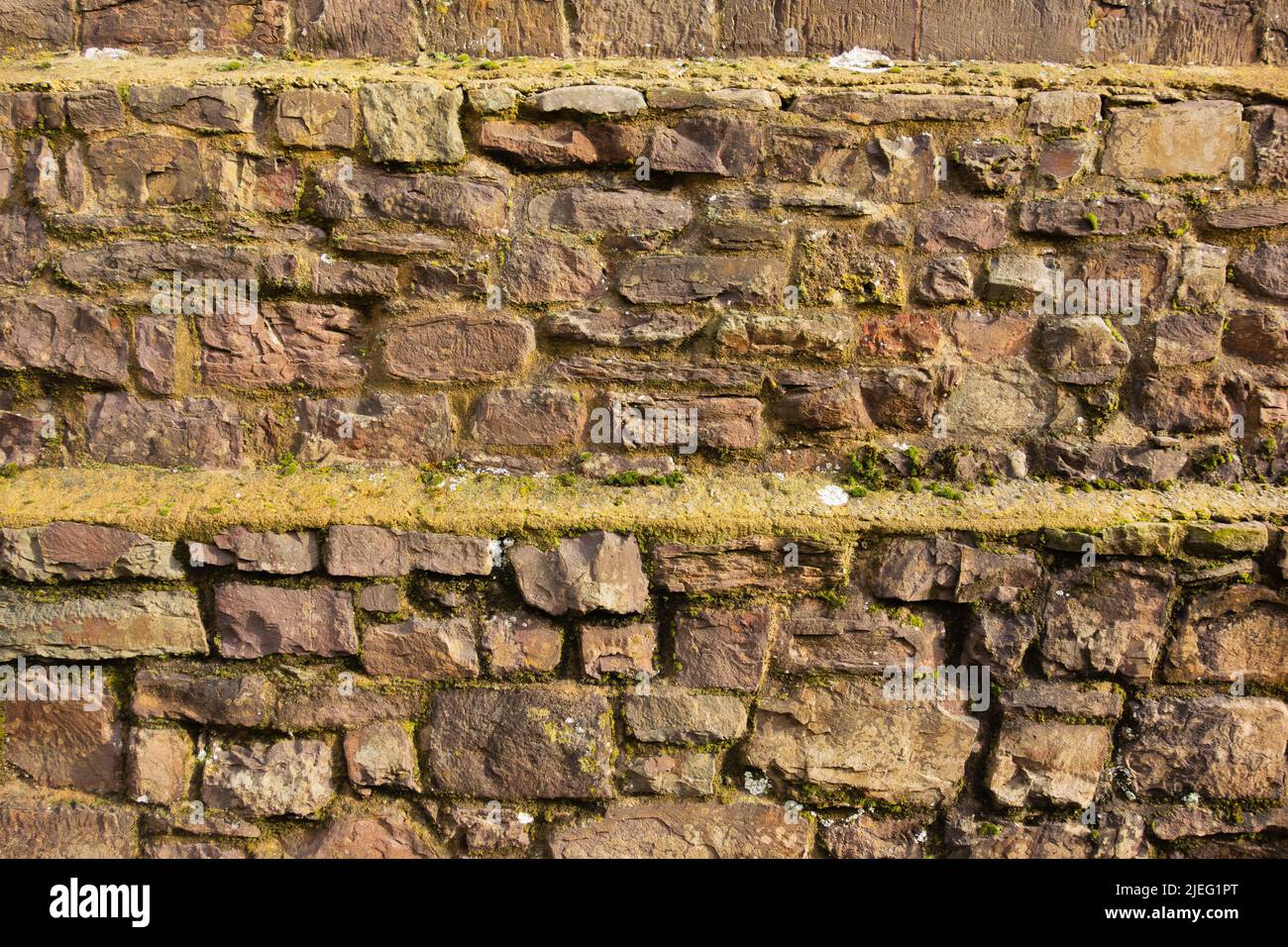 traditional two tier stone wall with moss growing Stock Photo - Alamy