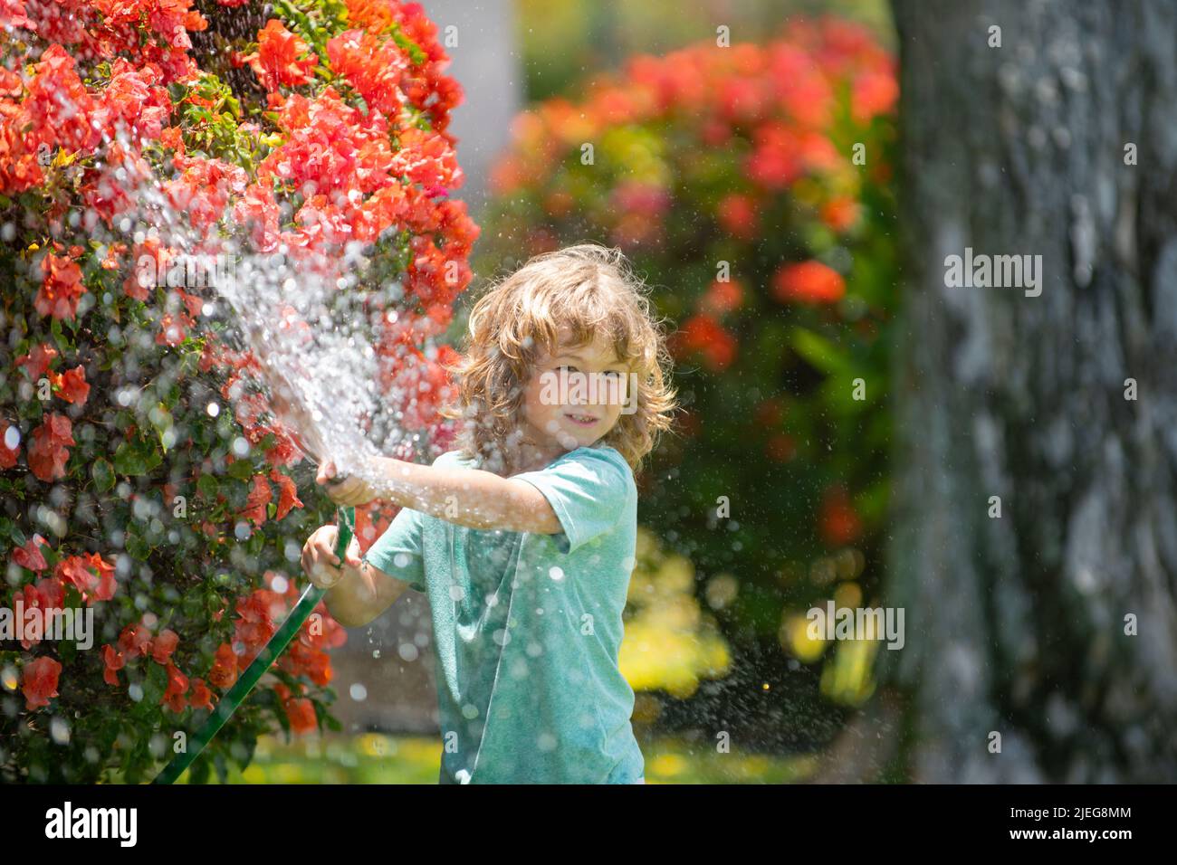 Funny little boy playing with garden hose in backyard. Child having fun ...