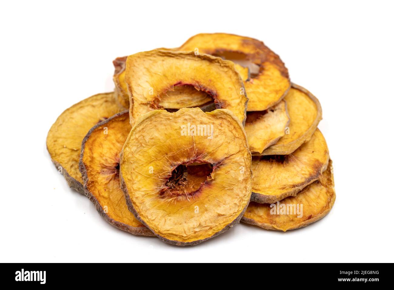 Dried peach slices. Sliced dry peach isolated on white background. Sun ...