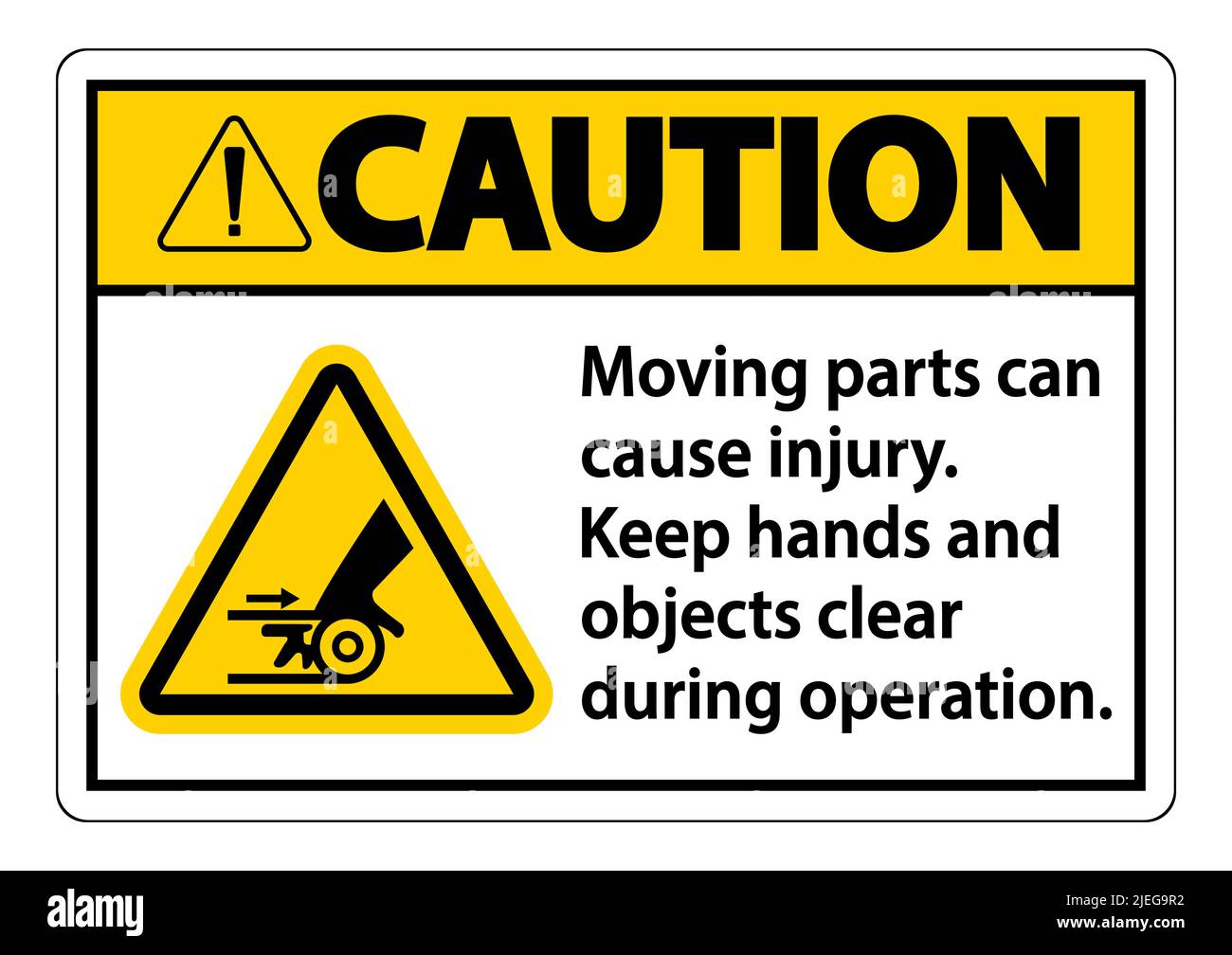 Caution Moving parts can cause injury sign on white background Stock ...