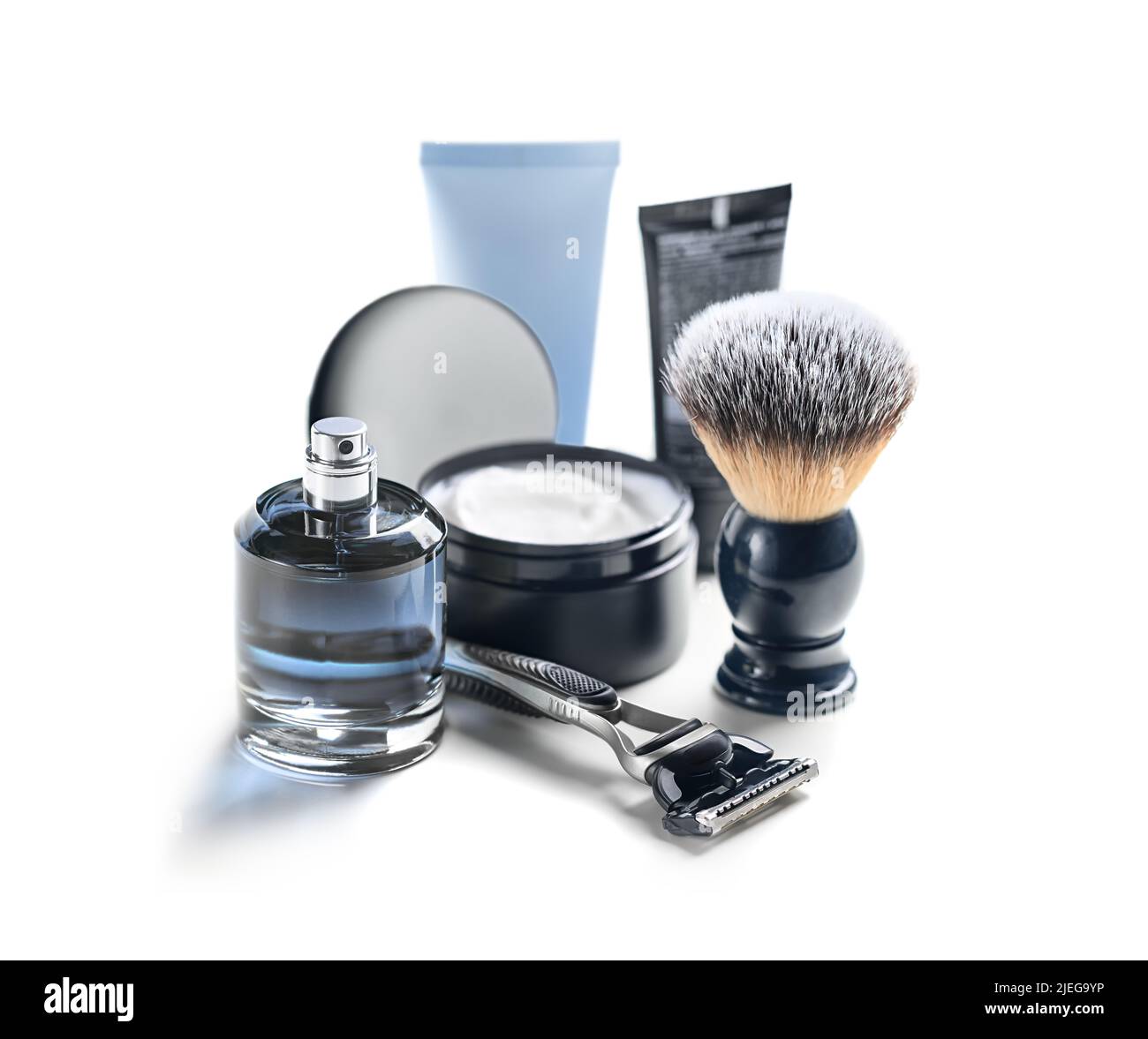 Shaving accessories set on a white background mockup Stock Photo - Alamy
