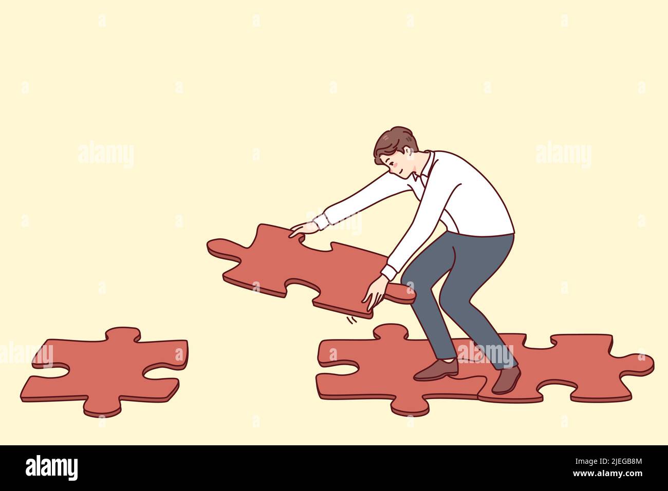 Man connecting jigsaw puzzle pieces making way or road to walk. Male ...