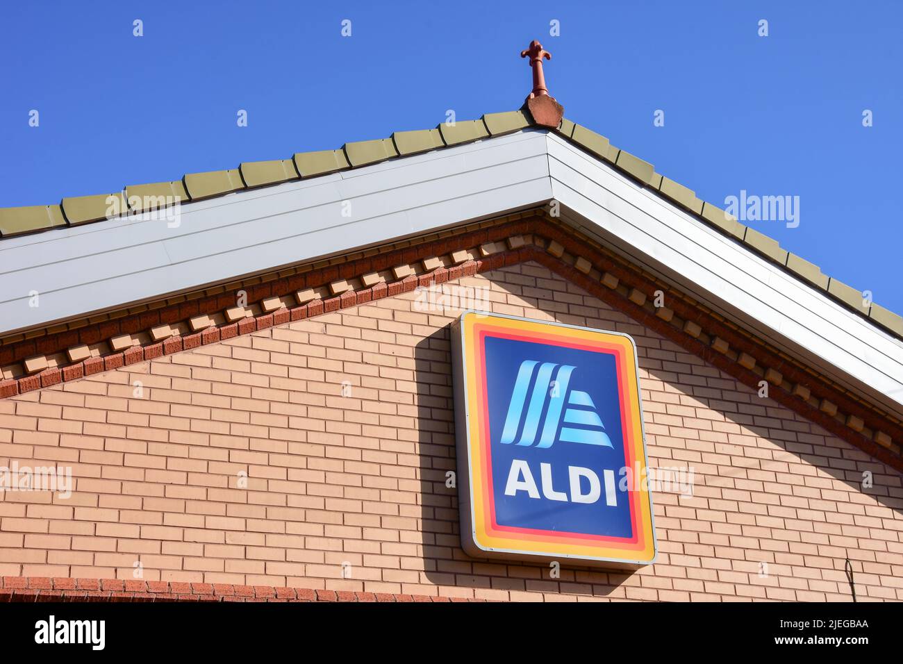 Prestatyn, UK. Jun 22, 2022. A sign with the company logo on an Aldi ...