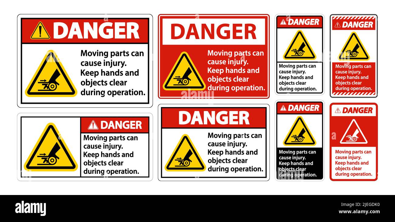 Danger Moving parts can cause injury sign on white background Stock ...