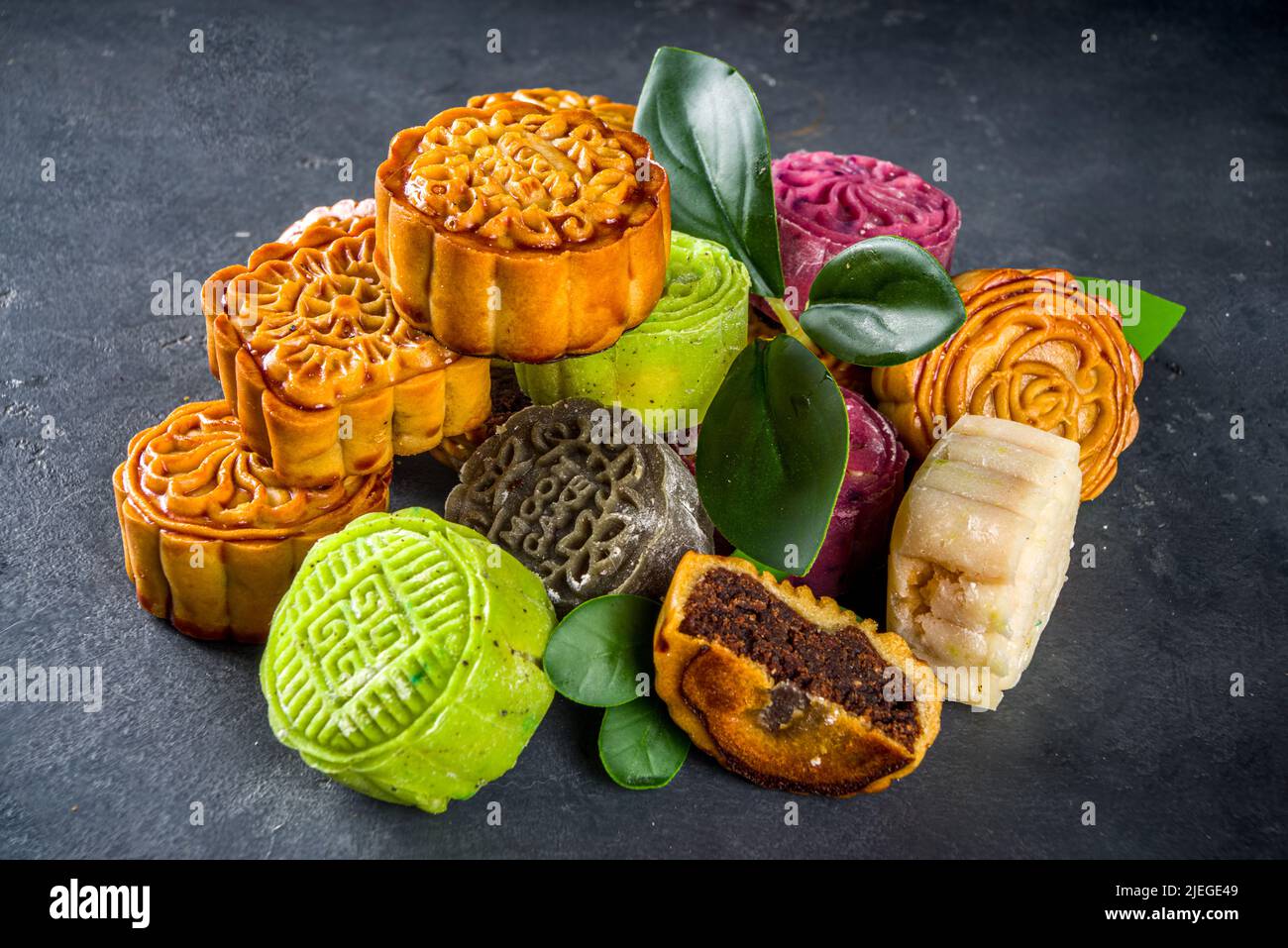 Traditional Chinese sweet dessert. Homemade Chinese snow skin and baked mooncakes, Chinese Mid ...