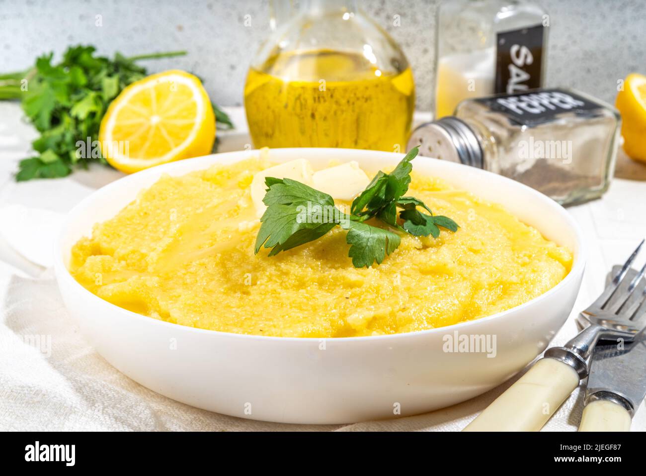 Portioned cornmeal polenta flour porridge bowl. Ready for eating dinner ...