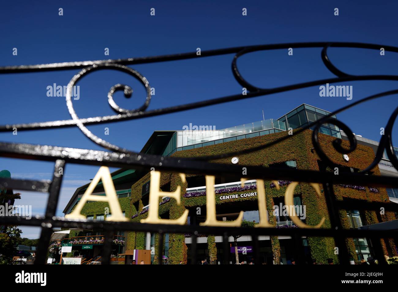 A general view of centre court take through the AELTC gates on day one ...