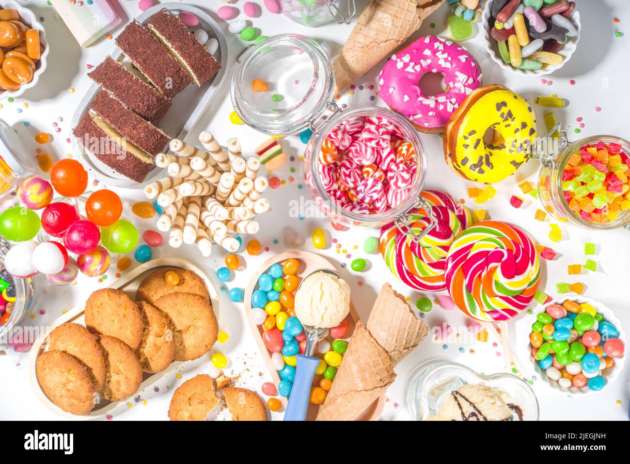 Selection of colorful sweets. Set of various candies, chocolates ...