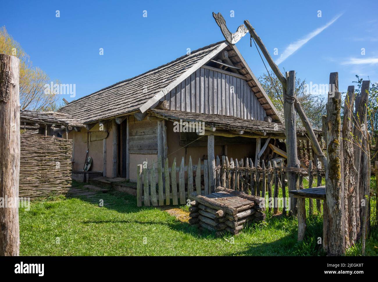 Medieval viking housing scenery in sunny ambiance at early spring time ...