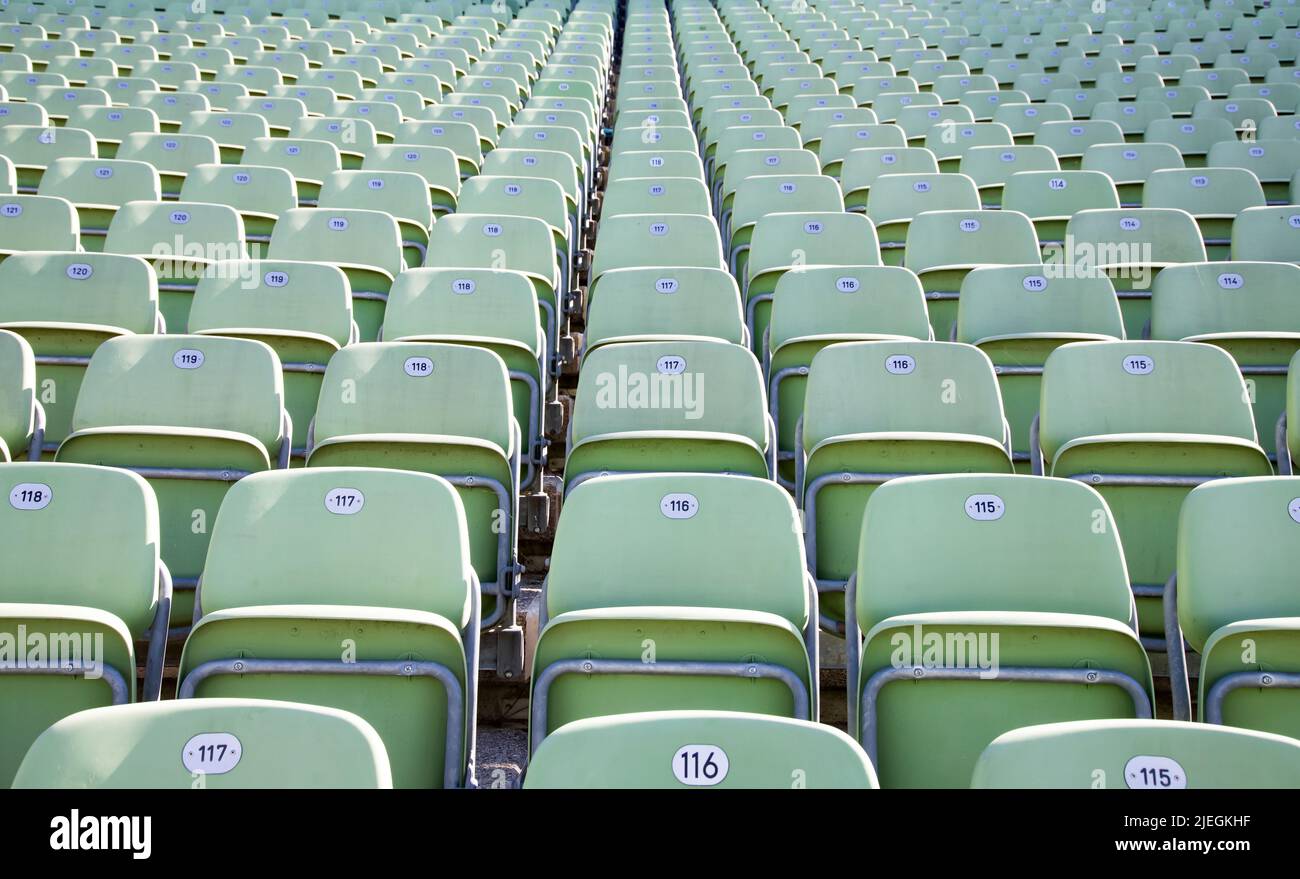 Empty chairs for audience on modern stadium arena or open air theatre ...