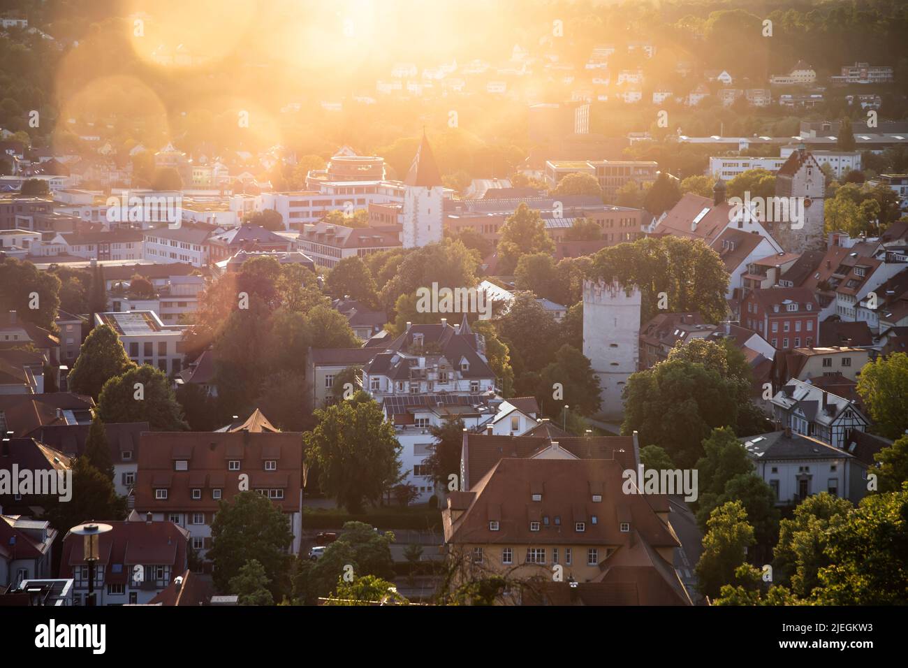 Ravensburg skyline, Baden-Wurttemberg, Germany, Europe. Aerial view of old houses of Ravensburg ...