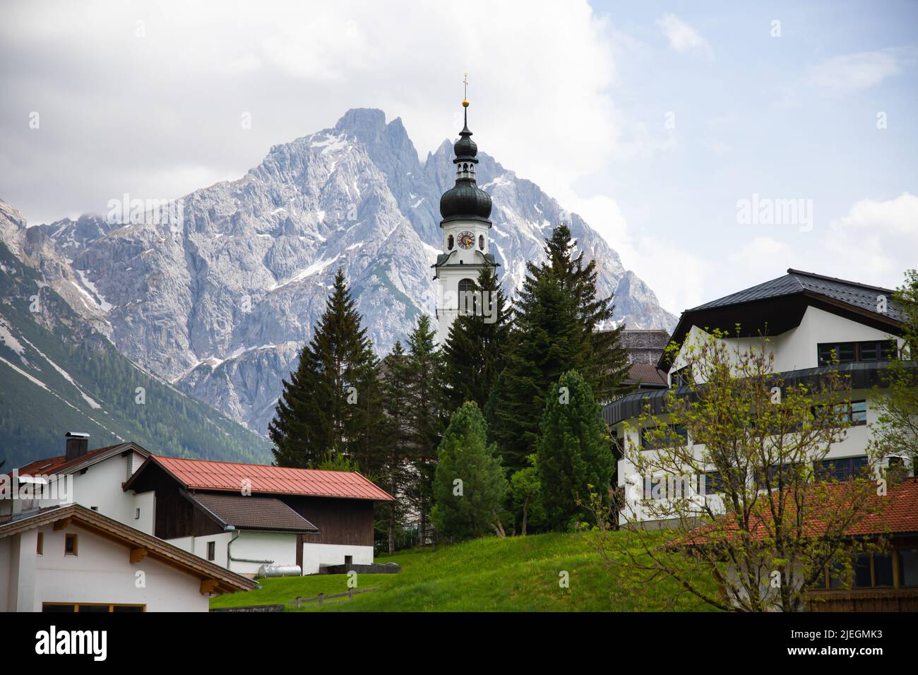 The city of Lermoos, Austria with the Alps mountains in the background ...