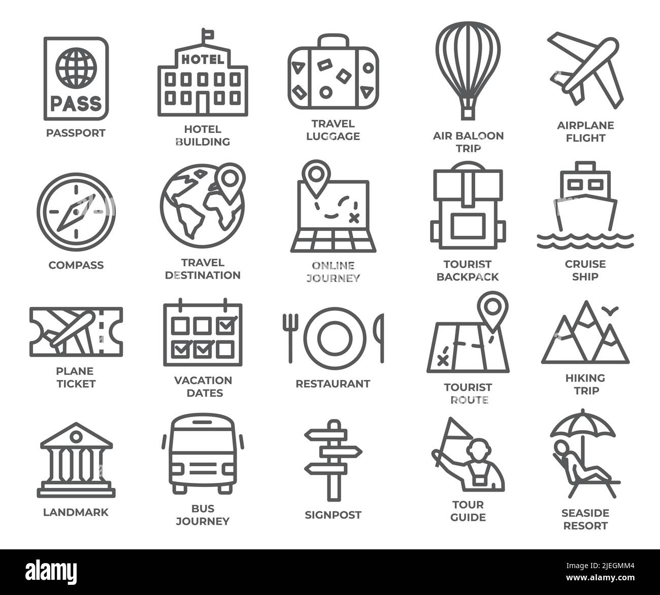 Tourism and travel line icons set on white background Stock Vector ...
