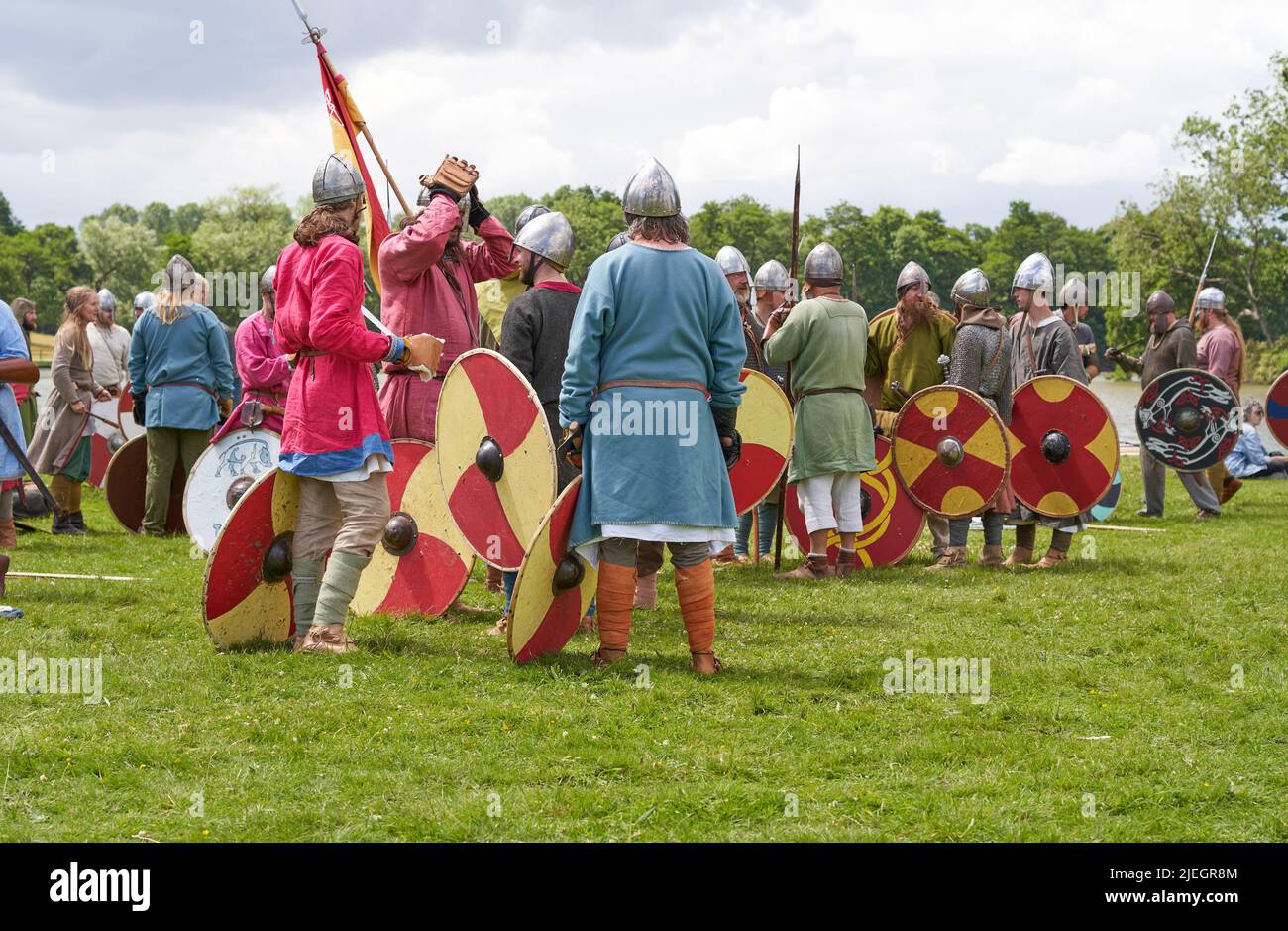 Viking warriors gathering at a reenactment festival event Stock Photo ...