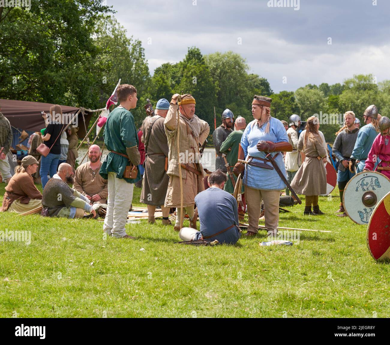 Viking warriors gathering at a reenactment festival event Stock Photo ...