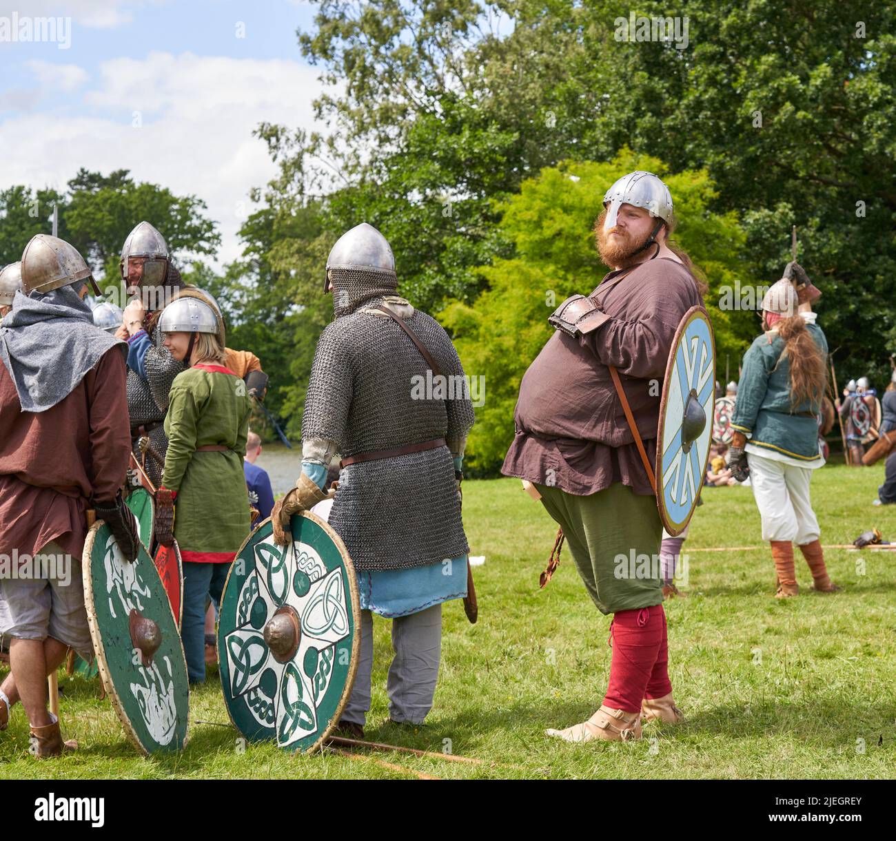 Viking warriors gathering at a reenactment festival event Stock Photo ...