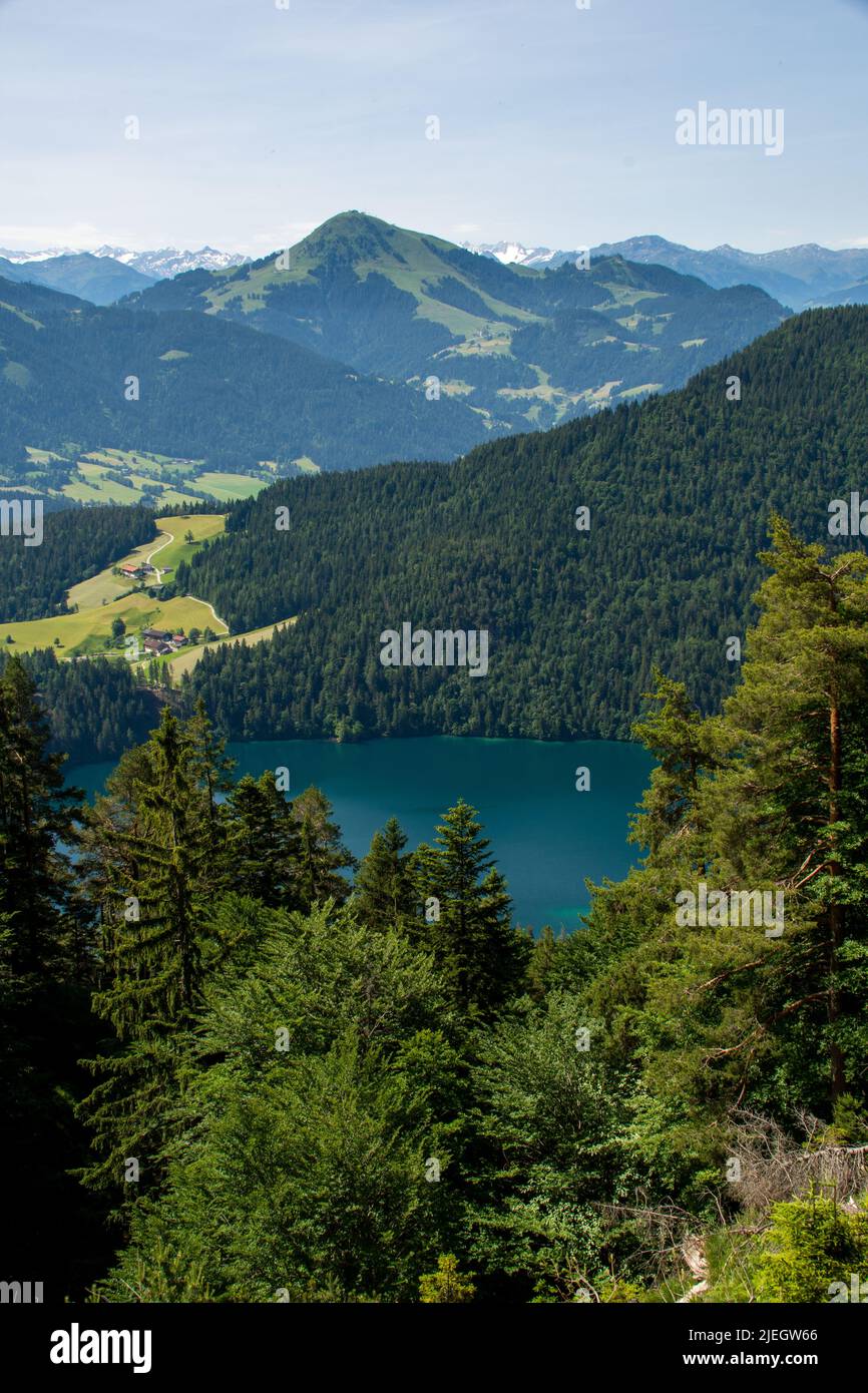 Lake Hinterstein and snow-capped mountains in the background Stock ...