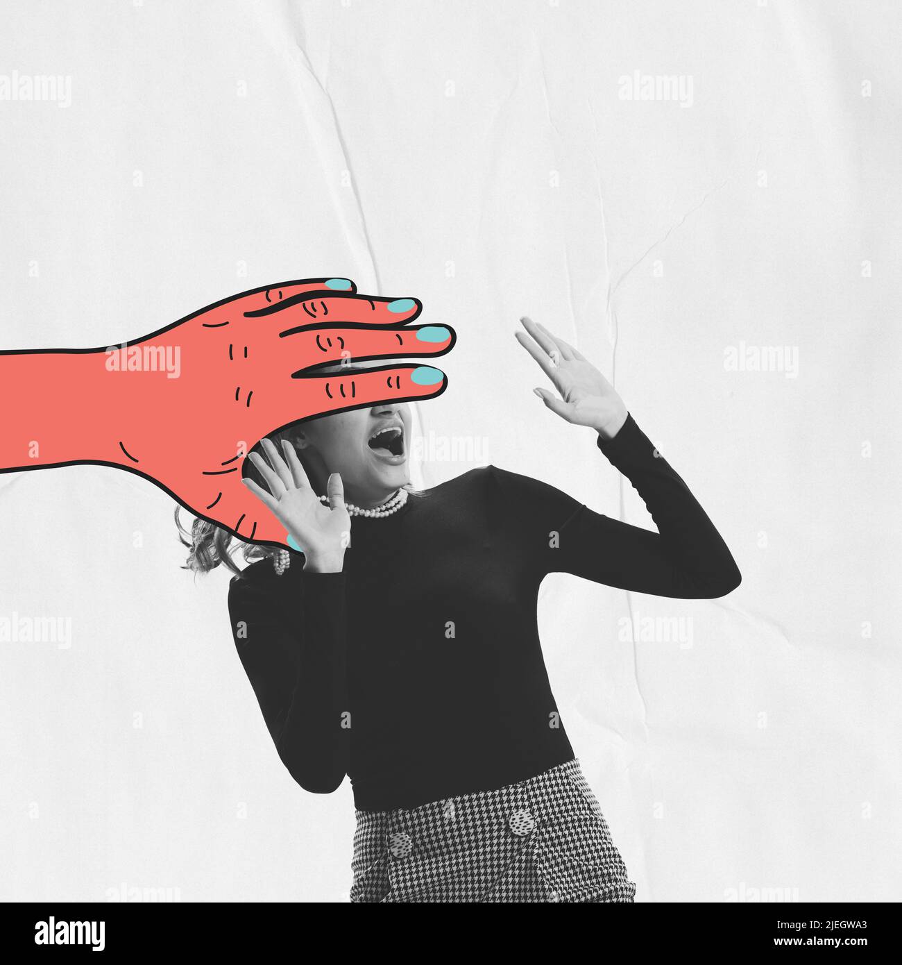 Huge drawn red hand closing eyes of young shocked woman in retro ...