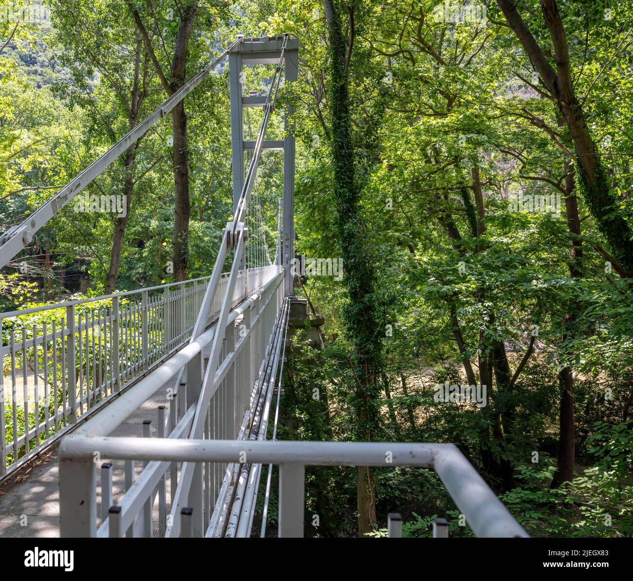 Narrow suspension empty bridge over Pineios River. Greece, Vale of ...