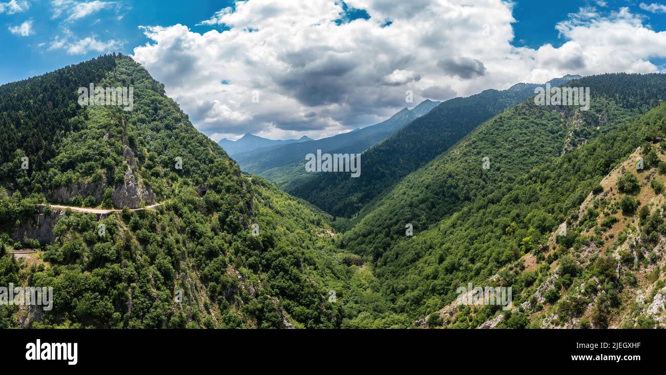 Fir forest at Agrafa mountain Greece. Mountain peaks, trees and cloudy ...