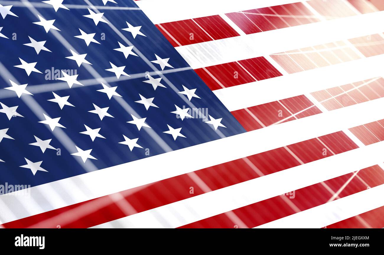 Solar panels on the background of the image of the flag of America ...