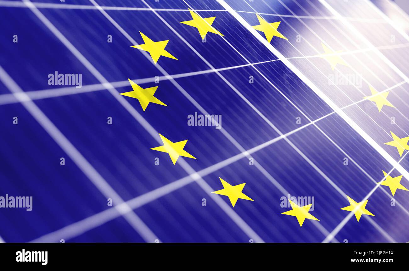 Solar panels on the background of the image of the flag of European ...