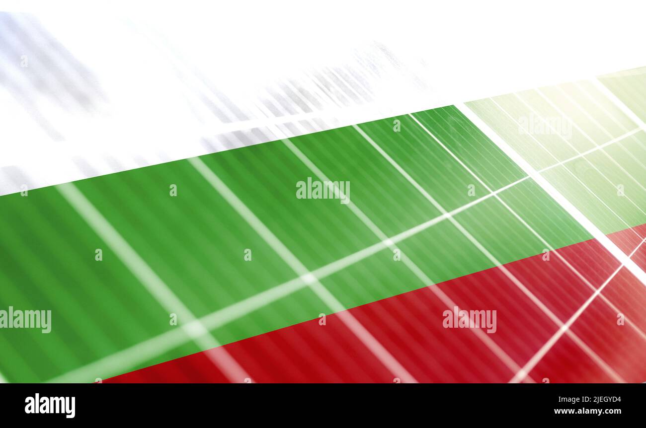 Solar panels on the background of the image of the flag of Bulgaria ...